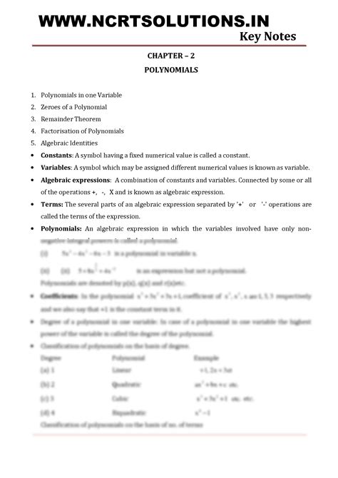 SOLUTION Class Maths Key Notes Ch Polynomials Studypool