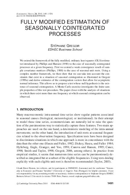 Pdf Fully Modified Estimation Of Seasonally Cointegrated Processes