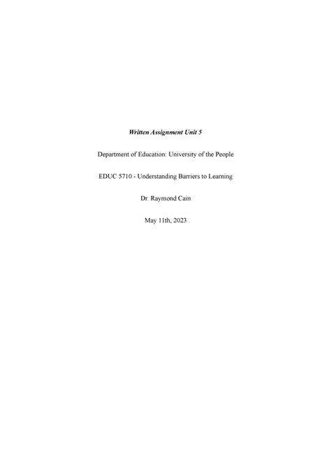 written assignment unit 5 understanding barriers to learning written