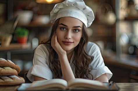 Woman In Chefs Hat Looking At Camera Over The Cookbook Premium Ai