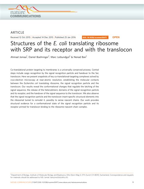 Pdf Structures Of The E Coli Translating Ribosome With Srp And Its Receptor And With The