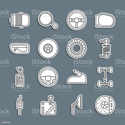 캘리퍼 섀시 자동차 쇼크 흡수장치 스티어링 휠 도어 핸들 전기 엔진 및 타이어 아이콘이 있는 세트 라인 자동차 브레이크 디스크 벡터 백미러에 대한 스톡 벡터 아트 및 기타