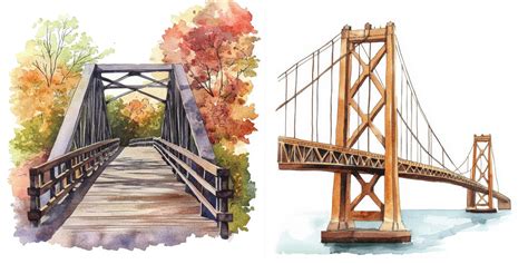 Watercolor Illustration Of Two Bridges One With Autumn Foliage