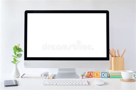 Desktop Mockup Template Computer On Wooden Work Desk With Blank