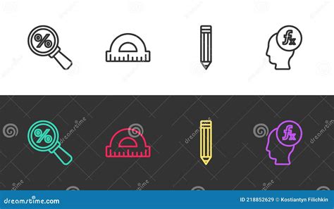 Set Line Magnifying Glass With Percent Protractor Pencil And Function Mathematical Symbol On
