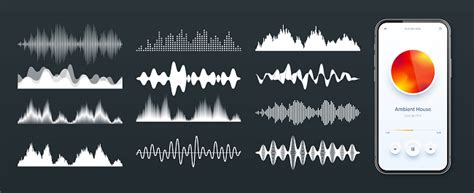 온라인 오디오 플레이어 사용자 인터페이스 스마트폰 앱 Ui 디자인 음악 미디어 스트리밍 및 청취 플랫폼 반응형 모바일 애플리케이션 뉴모피즘 다양한 음파 벡터 그림 3차원