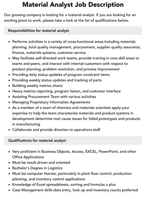 Material Analyst Job Description Velvet Jobs Material Analyst Job Description Velvet Jobs