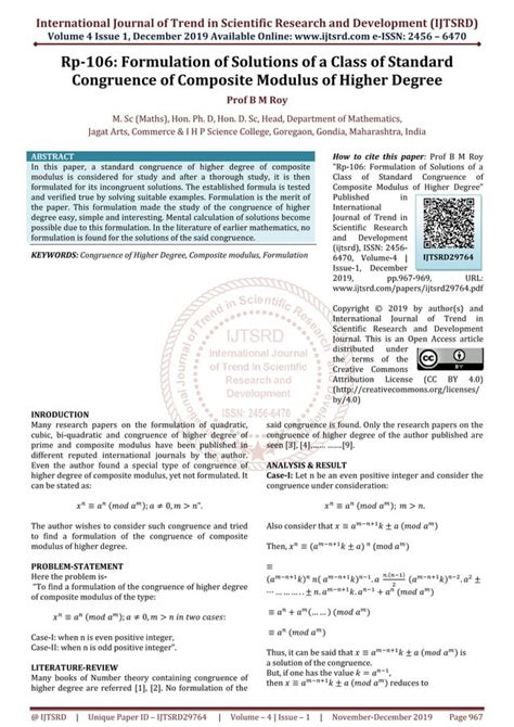 Rp 106 Formulation Of Solutions Of A Class Of Standard Congruence Of