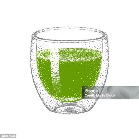 말차 유리 더블 월 컵 사실적인 스케치 일본 음료 녹차 음료 뾰족한 그림 손으로 그린 새겨진 0명에 대한 스톡 벡터 아트 및