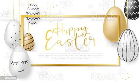 벡터 일러스트 레이 션의 부활절 날 인사말 배너 템플릿 손 글자 레이블행복 한 부활절현실적인 흰색 검은 색과 금색 계란 개념에 대한 스톡 벡터 아트 및 기타 이미지 Istock