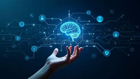Hand Interacting With Futuristic Digital Artificial Intelligence Brain Interface On Circuit