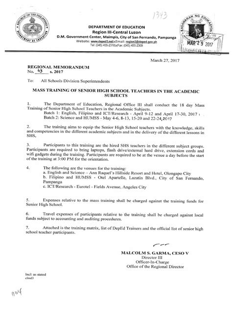 Rm 43 S 2017 Mass Training Of Shs Teachers In The Academic Subjects