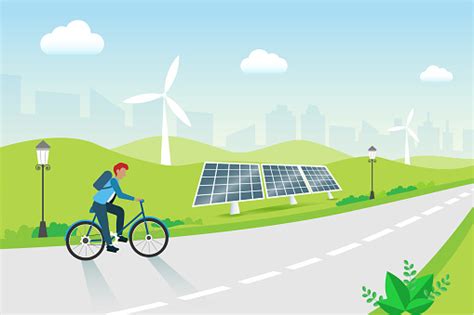 태양 전지 패널과 풍력 터빈 배경으로 자전거를 타는 남자 재생 가능 친환경 및 청정 에너지 천연 자원 재사용 환경 친화적 건강한 생활방식에 대한 스톡 벡터 아트 및 기타
