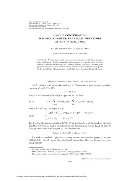 Pdf Unique Continuation For Second Order Parabolic Operators At The Initial Time