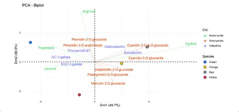 two dimensional principal component analysis pca biplot showing