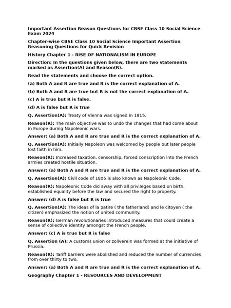 Important Assertion Reason Questions For Cbse Class 10 Social Science Exam 2024 Pdf
