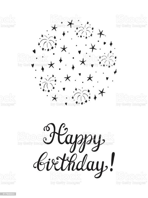 행복 한 생일 인사말 카드 서식 파일입니다 그려진된 글자를 손으로 하 고 불꽃놀이 별 낙서 휴일 배경 벡터 일러스트 레이 션 0명에 대한 스톡 벡터 아트 및 기타 이미지