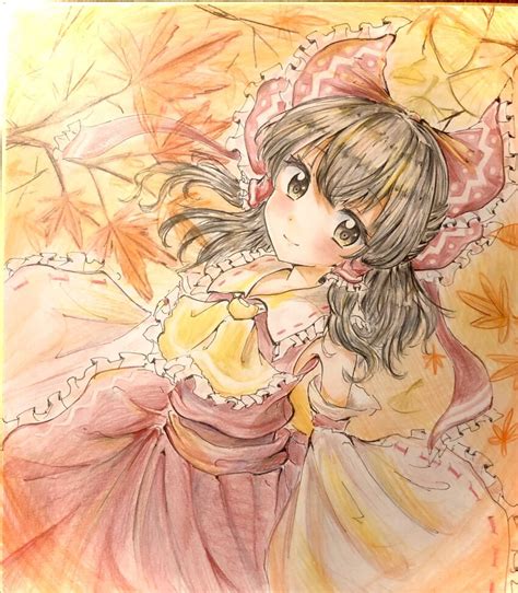 Orya 422 Hakurei Reimu Touhou Highres 1girl Ascot Autumn Leaves Brown Hair Collar