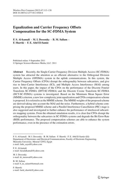 Pdf Equalization And Carrier Frequency Offsets Compensation For The Sc Fdma System