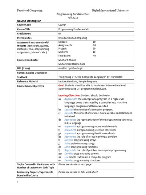 Outlinepffall2016 Pdf Computer Program Programming