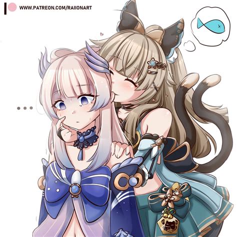 Sangonomiya Kokomi And Kirara Genshin Impact Drawn By Raionraionart