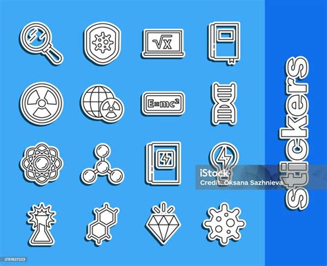 선 설정 바이러스 번개 전구 Dna 기호 X 글리프의 제곱근 행성 지구와 방사선 방사성 돋보기 및 방정식 솔루션 아이콘 벡터 0
