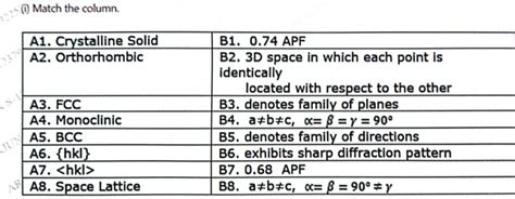 match the column a1 crystalline solid a2 orthorhombic a3 fcc a4
