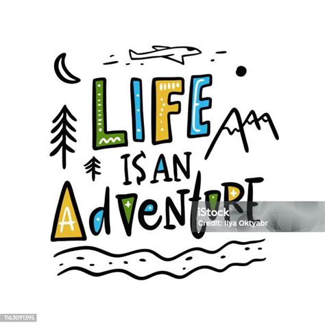 인생은 모험 손으로 그린 벡터 일러스트레이션과 글자입니다 흰색 배경에 격리 0명에 대한 스톡 벡터 아트 및 기타 이미지 0명