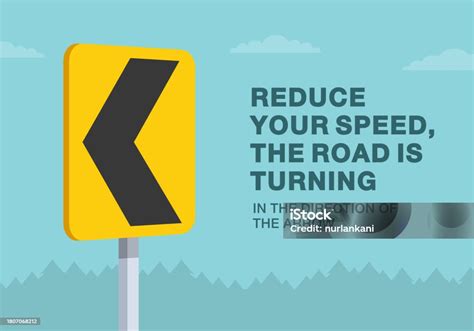 안전 운전 요령 및 교통 법규 속도를 줄이면 도로가 화살표 방향으로 회전합니다 갈매기형 수장 기호의 클로즈업입니다 벡터 일러스트