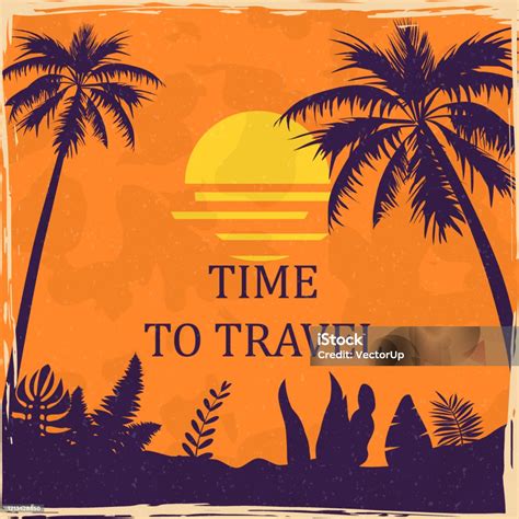 일몰 해변 여름 열대 빈티지 포스터입니다 해변 전망 바다 야자수 꽃입니다 텍스트 여행 시간 텍스처 그런 지 효과 복고풍 카드 벡터 일러스트 실루엣 나무에 대한 스톡 벡터