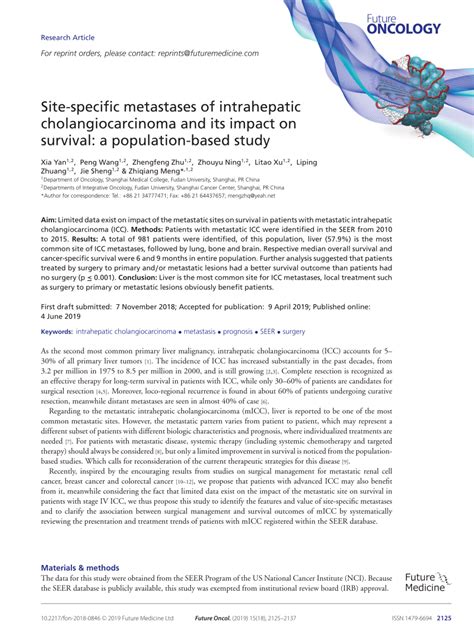 Pdf Site Specific Metastases Of Intrahepatic Cholangiocarcinoma And