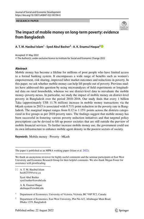 Pdf The Impact Of Mobile Money On Long Term Poverty Evidence From Bangladesh
