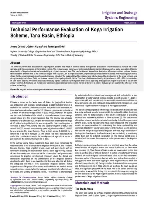 Pdf Technical Performance Evaluation Of Koga Irrigation Scheme Tana