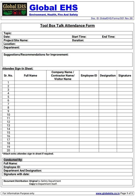 Free Printable Toolbox Talk Sign In Sheet Printable Free Templates