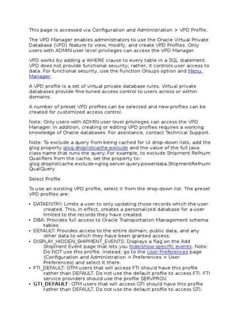 Vpd Profiles Oracle Otm Pdf Oracle Database Data Management Software