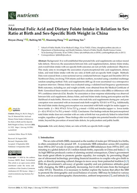 Pdf Maternal Folic Acid And Dietary Folate Intake In Relation To Sex Ratio At Birth And Sex