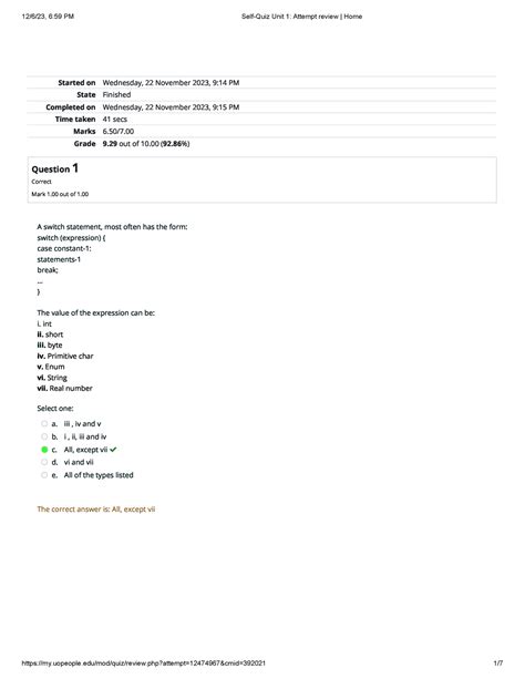 Self Quiz Unit 1 Unit 1 Started On Wednesday 22 November 2023 9 14 Pm State Finished