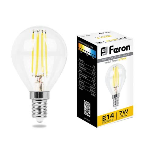 Лампа светодиодная филаментная Feron E14 7W 2700K Шар Прозрачная LB-52 ...