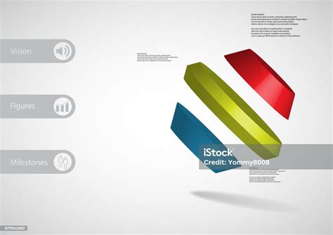 회전 된 육각형의 모티브로 3d 그림 Infographic 서식 파일 분할 3 색 부품 비스듬히 간단한 기호 및 샘플 텍스트 바에에 배열 밝은 회색 그라데이션 배경으로 사용