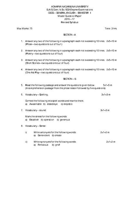 Acharya Nagarjuna University B Sc Model Paper Acharya Nagarjuna University B B B Bca