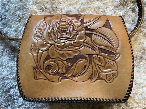 Leather Purse Tooled Brown Leather With Strap Rose Design Ebay