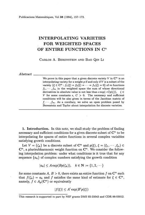 Pdf On Interpolating Varieties For Weighted Spaces Of Entire Functions