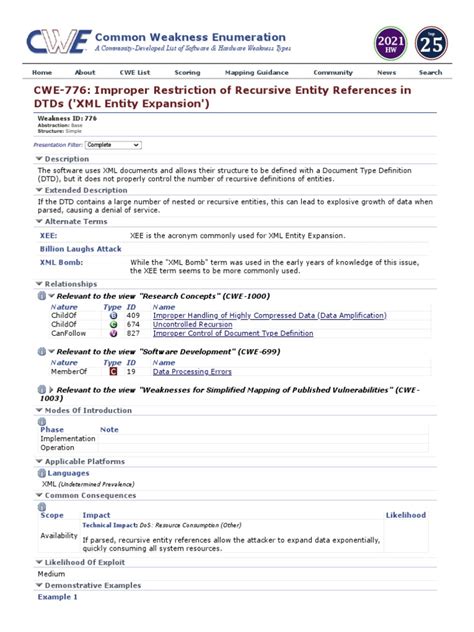 Cwe 776 Improper Restriction Of Recursive Entity References In Dtds