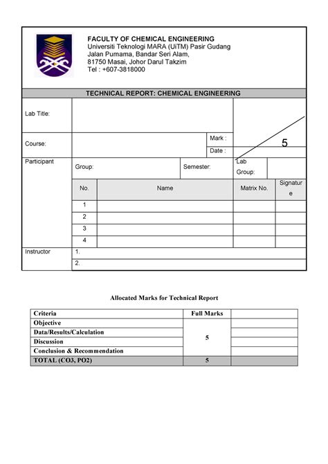 Template LAB FACULTY OF CHEMICAL ENGINEERING Universiti Teknologi MARA UiTM Pasir Gudang