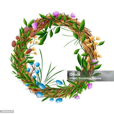 둥근 부활절 화환 녹색 가지와 꽃이 있는 프레임 수채화 디지털 일러스트레이션 부활절 구성 장식 직물 벽지 포장지 포장지 0명에 대한 스톡 벡터 아트 및 기타 이미지 Istock