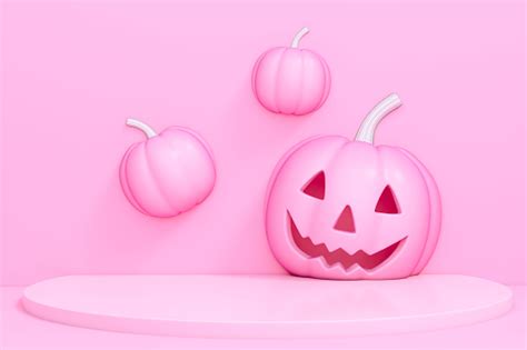 파스텔 핑크 배경 3d 렌더링에 연단 디스플레이 스탠드 핑크 할로윈 호박 축하 달콤한 할로윈 이벤트 템플릿 미니멀 한 스타일
