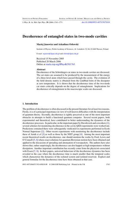 Pdf Decoherence Of Entangled States In Two Mode Cavities