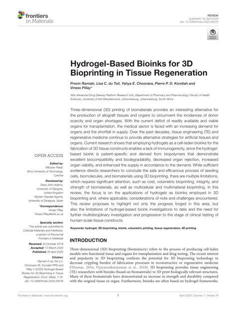 Pdf Hydrogel Based Bioinks For 3d Bioprinting In Tissue Regeneration