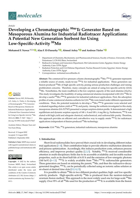 Pdf Developing A Chromatographic 99mtc Generator Based On Mesoporous Alumina For Industrial