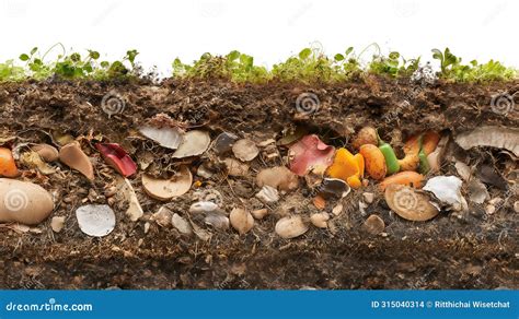 Cross Section Of Soil Showing Compost Material With Sprouting Plants Above Stock Illustration